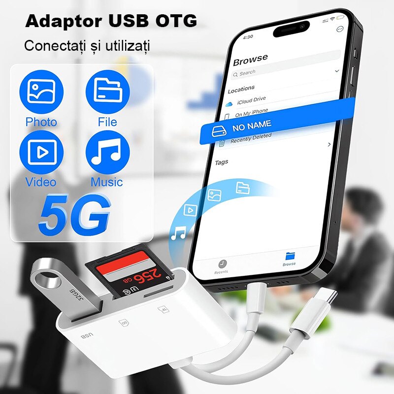 Cititor de carduri de memorie 3-in-1, Rqiurpn, Cu Lightning si USB-C ...
