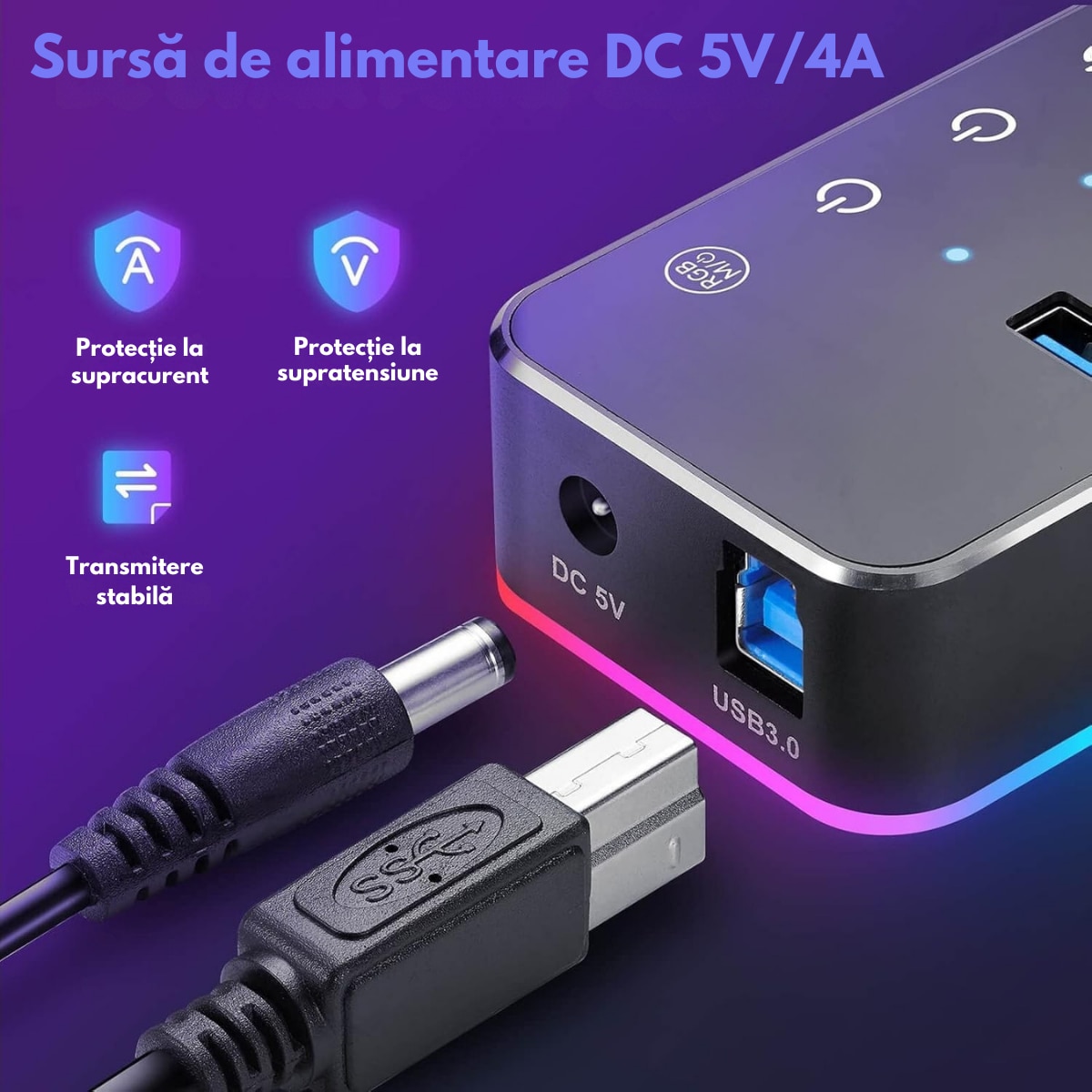 Hub USB 3.0 RGB cu 7 Porturi, Alimentare 20W, Cablu 2in1 USB-A & USB-C ...
