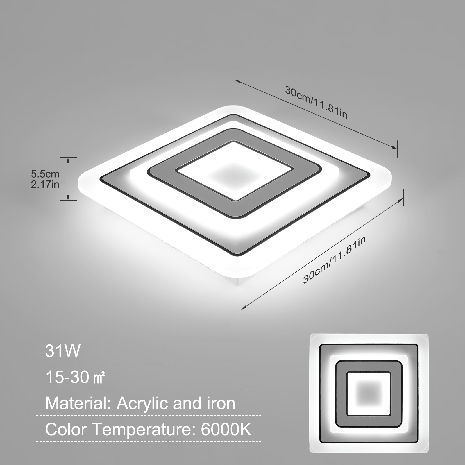 Lampa de tavan LED, Toolight, Patrata, 32W, Negru + Alb, 30CM, Lumina ...