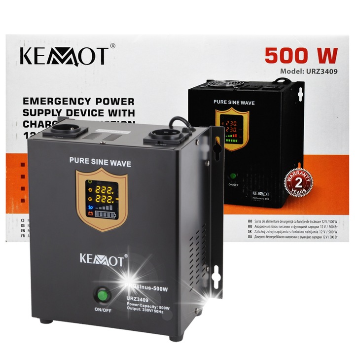 Vészhelyzeti Szünetmentes tápegység, Kemot PROsinus-800W 12V/230V fali ...
