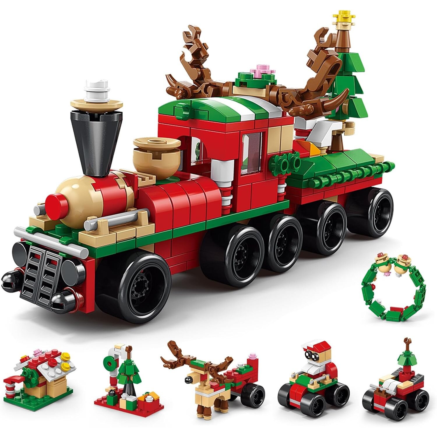 Set de construit tren Craciun 6-in-1, 270 piese, pentru copii ...