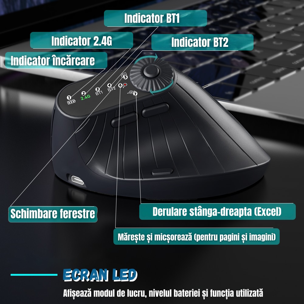 Mouse Ergonomic Vertical ZYNERA™, Wireless 2.4G, Dubla Conexiune ...
