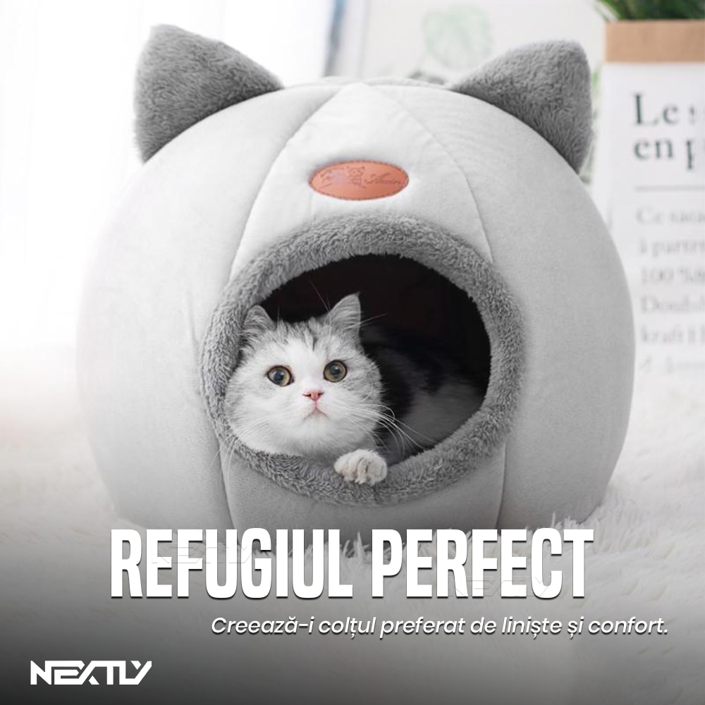 Patut iglu pentru caini si pisici NEXTLY, perna detasabila, baza ...