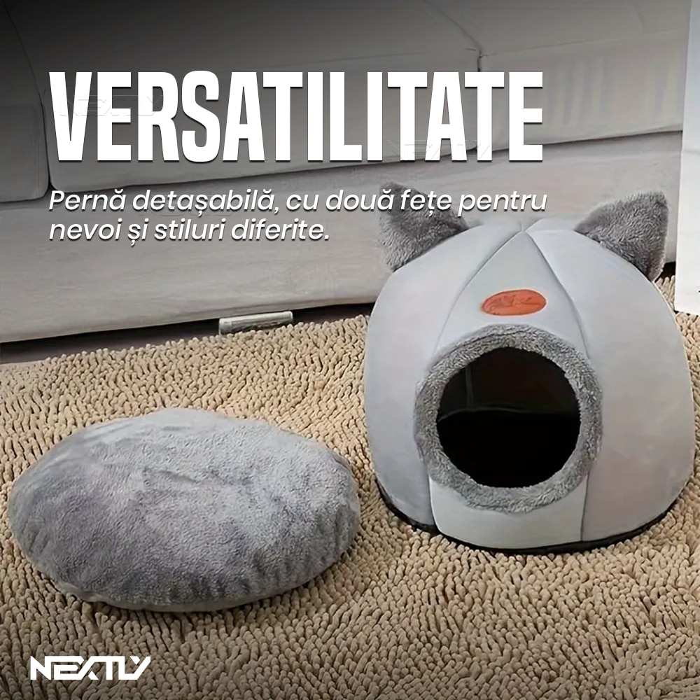 Patut iglu pentru caini si pisici NEXTLY, perna detasabila, baza ...