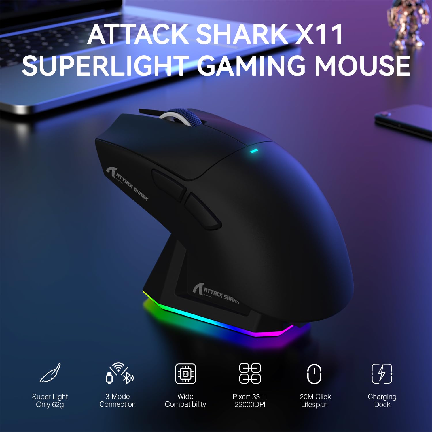 ATTACK SHARK X11 Könnyű Vezeték nélküli Gaming Egér RGB töltőállomással ...