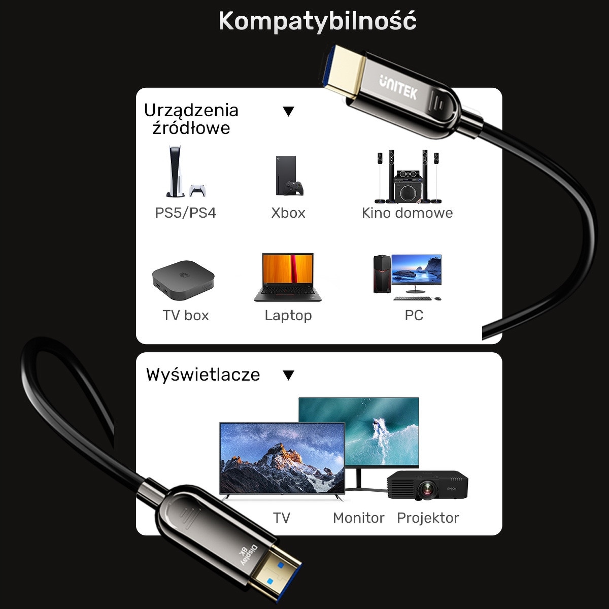 Unitek 2.1 AOC 8K 120Hz HDMI оптични кабели, 30 м, черни - eMAG.bg