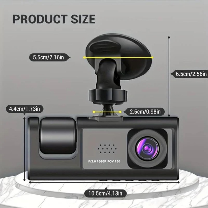 Camera Auto Tripla Vivendo® FullHD, 3 Camere Fata/Spate/Interior, Ecran ...