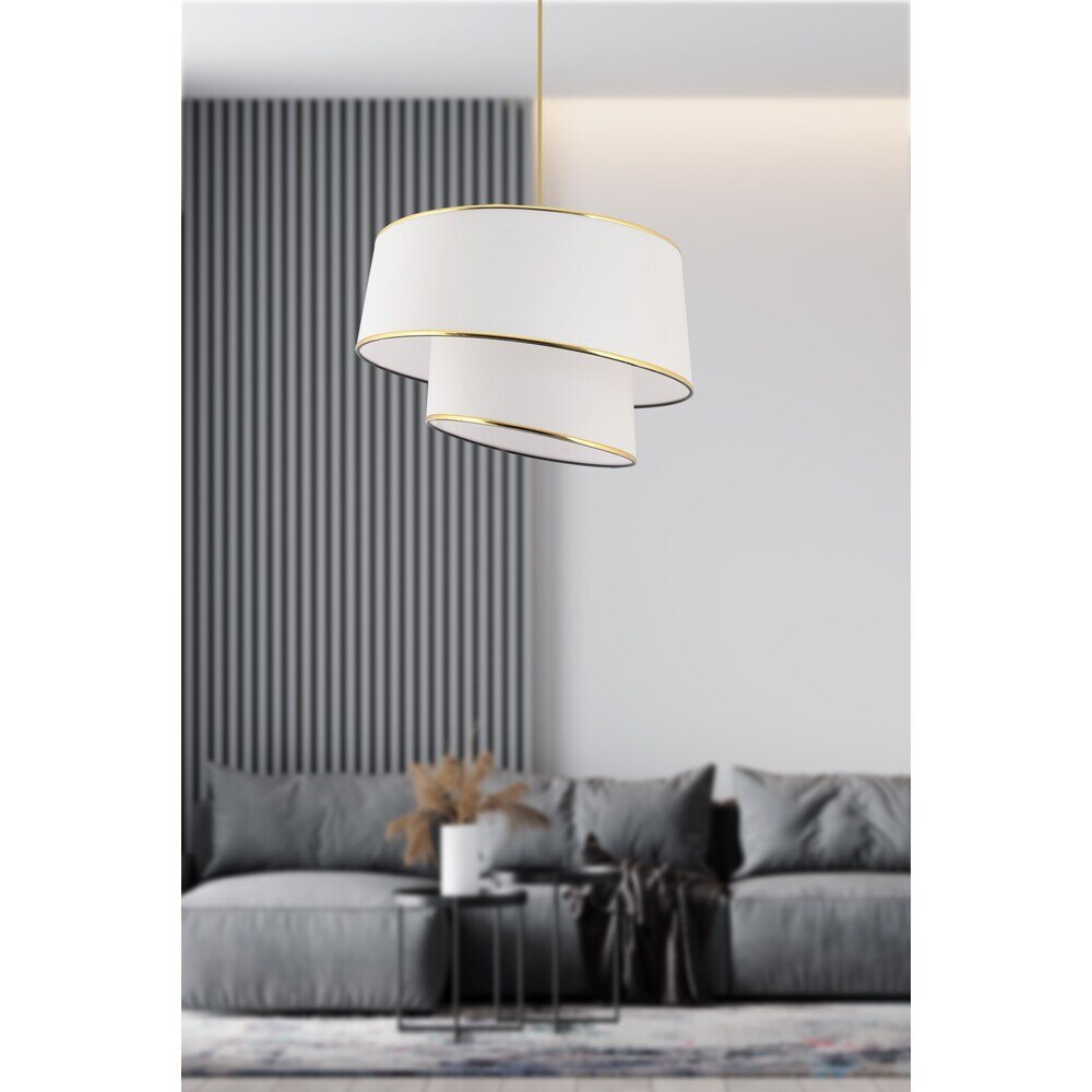 Candelabru metalic elegant cu abajur din material textil, alb și auriu ...