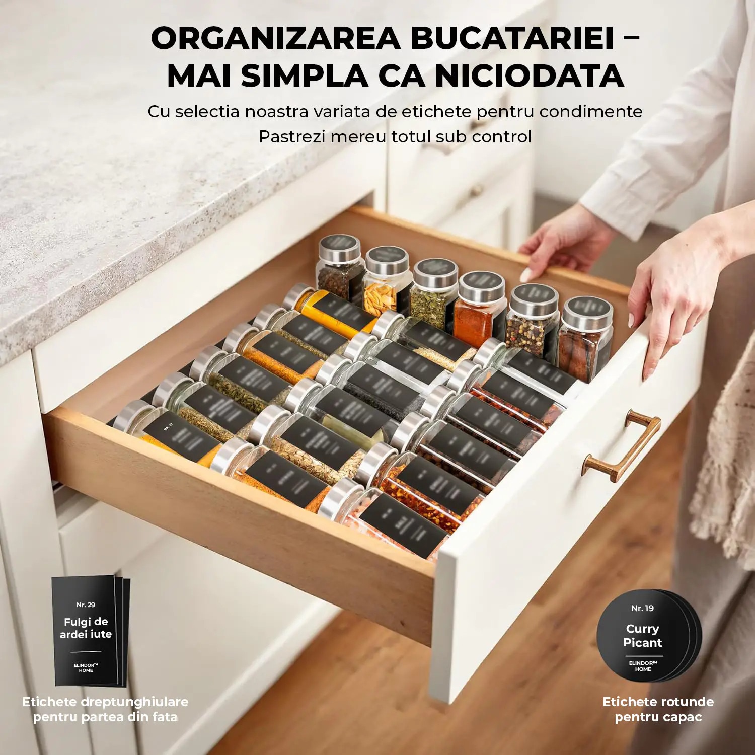 Set 24 Recipiente Condimente Elindor® din Sticla cu Capac din Inox, cu ...