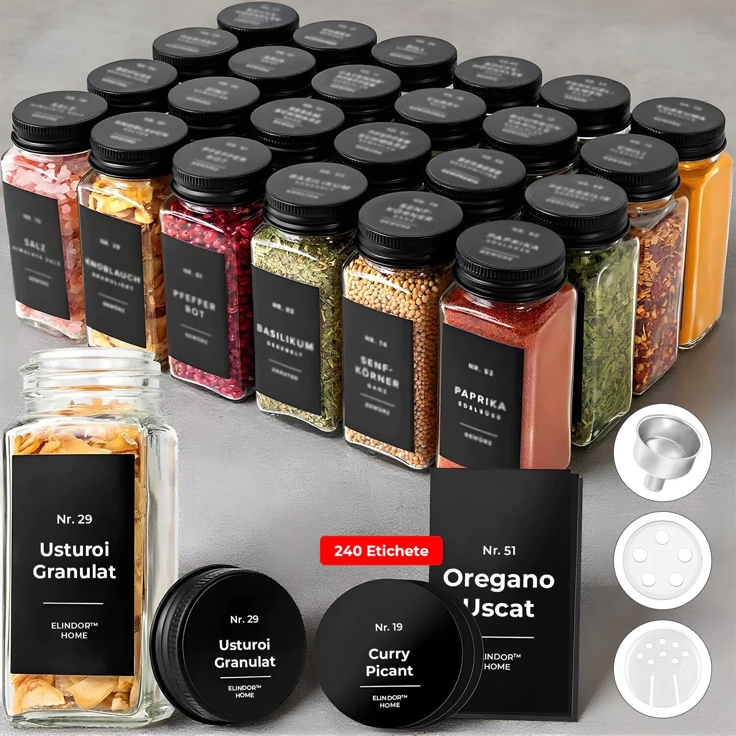 Set 24 Recipiente Condimente Elindor® din Sticla cu Capac Metalic Negru ...