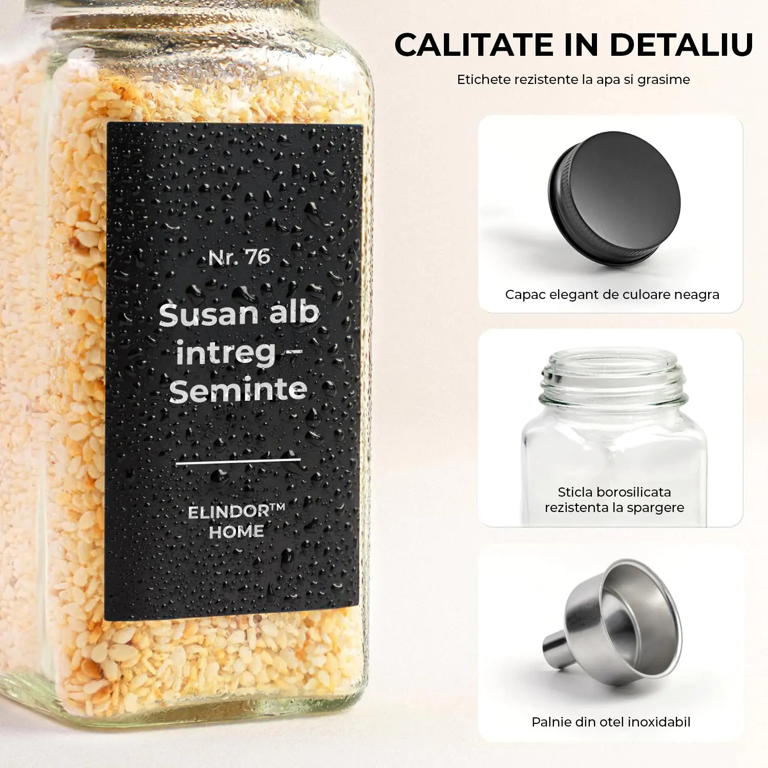 Set 24 Recipiente Condimente Elindor® din Sticla cu Capac Metalic Negru ...