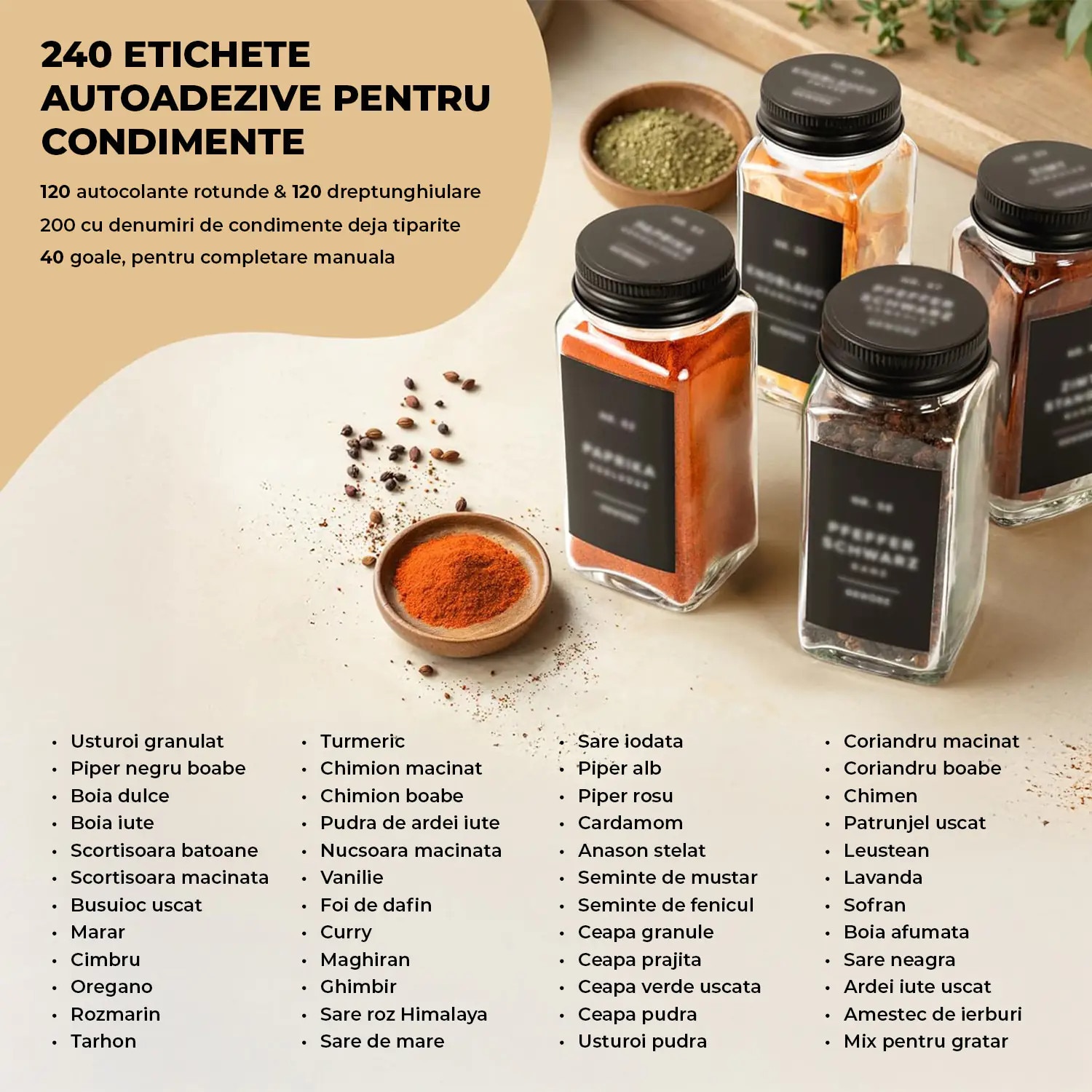 Set 24 Recipiente Condimente Elindor® din Sticla cu Capac Metalic Negru ...