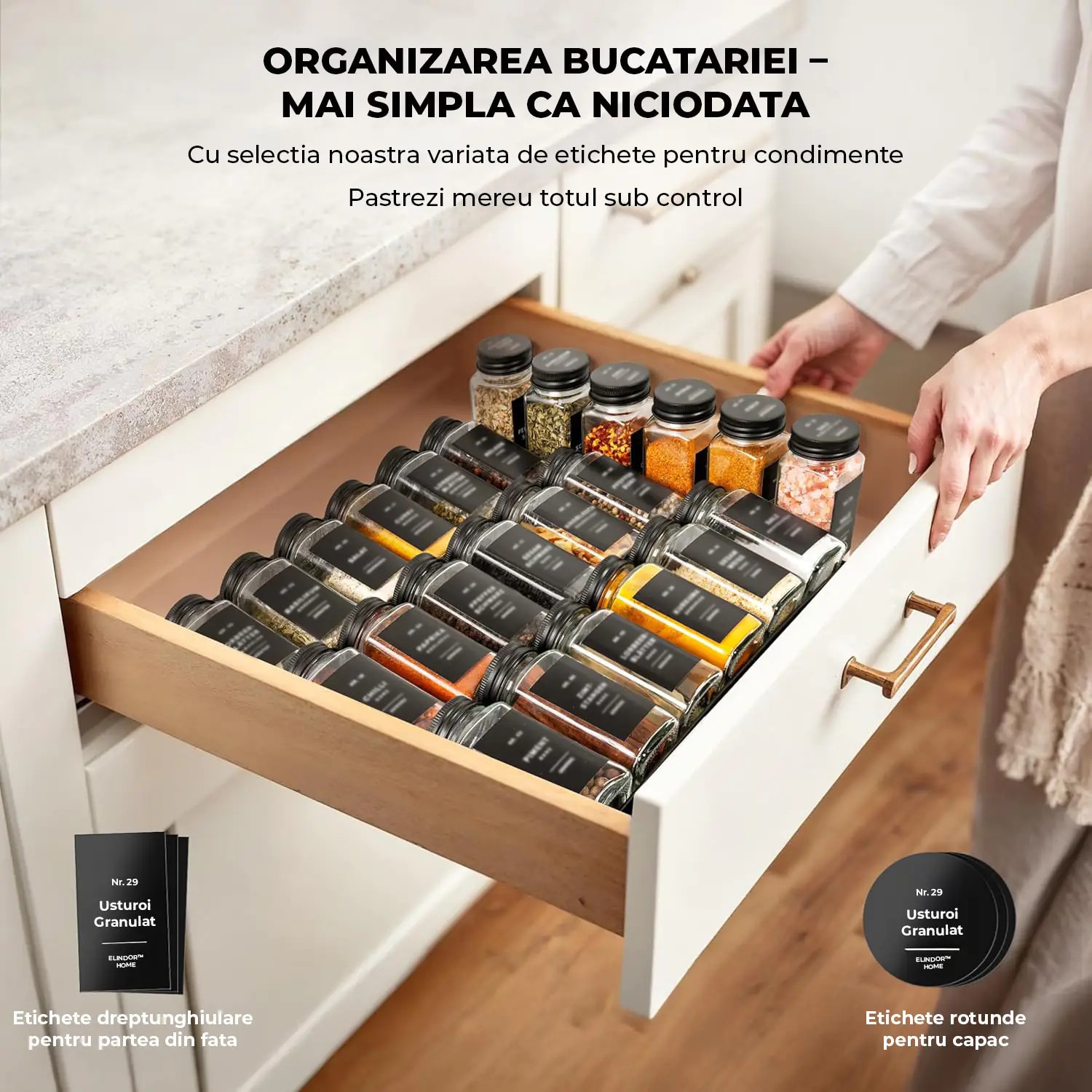 Set 24 Recipiente Condimente Elindor® din Sticla cu Capac Metalic Negru ...