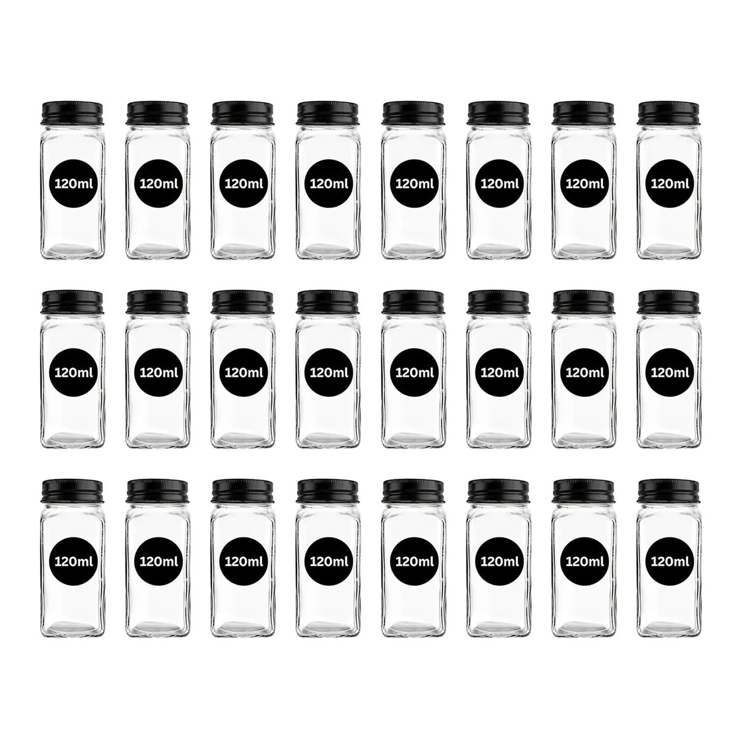 Set 24 Recipiente Condimente Elindor® din Sticla cu Capac Metalic Negru ...