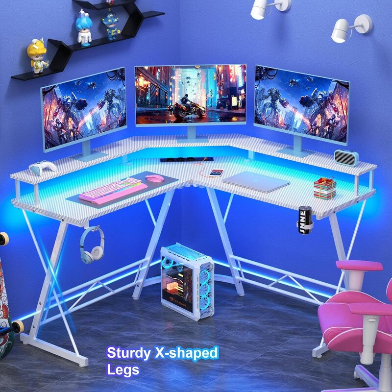 Birou pentru calculator, 126x126x92CM, in forma de L, design cu lumina ...