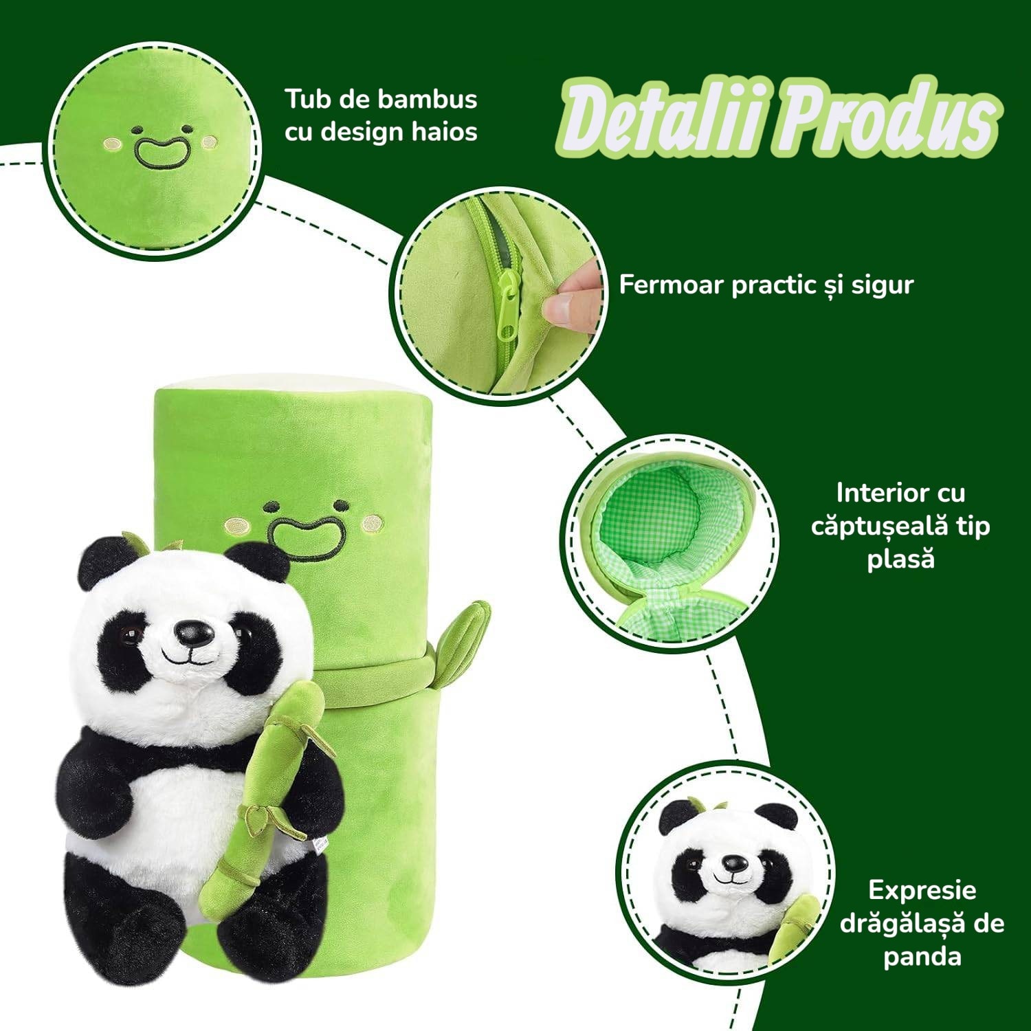 Jucarie de plus Malvys® – Urs Panda „Bao” 25 cm cu Bambus Gigant de ...