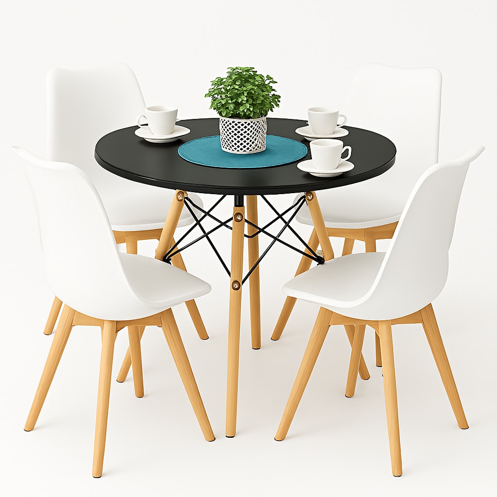 Masa Rotunda EBA, 80cm, Blat Negru, Picioare Lemn Fag, Inaltime 72cm ...