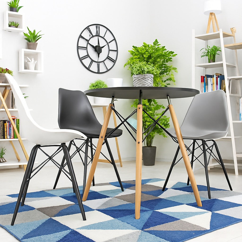 Masa Rotunda EBA, 80cm, Blat Negru, Picioare Lemn Fag, Inaltime 72cm ...