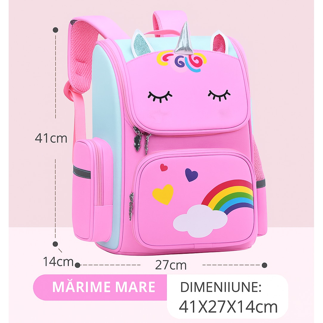 Ghiozdan scolar ergonomic fete, Unicorn roz cu curcubeu, clasa 1-6 ...