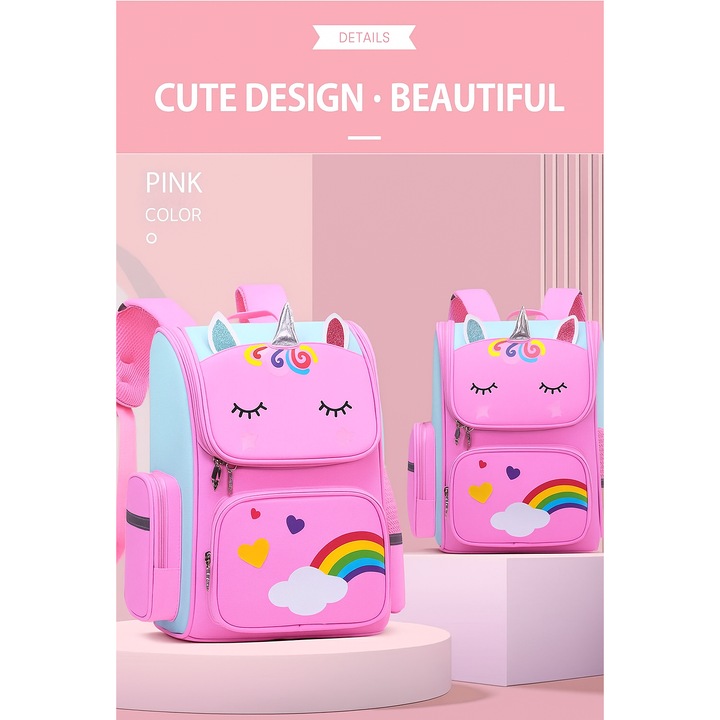 Ghiozdan scolar ergonomic fete, Unicorn roz cu curcubeu, clasa 1-6 ...