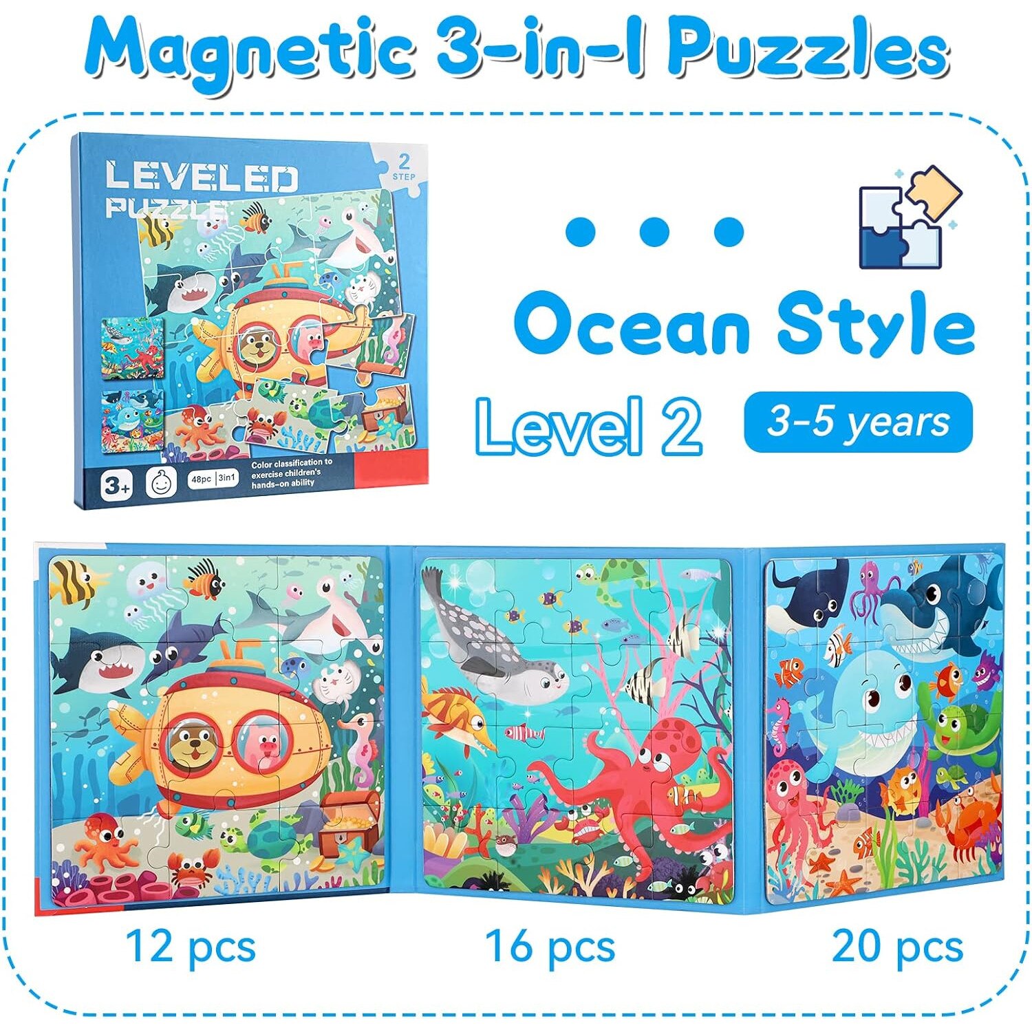 Puzzle magnetic din lemn，3 modele Animale，48 Piese，pentru baieti si ...