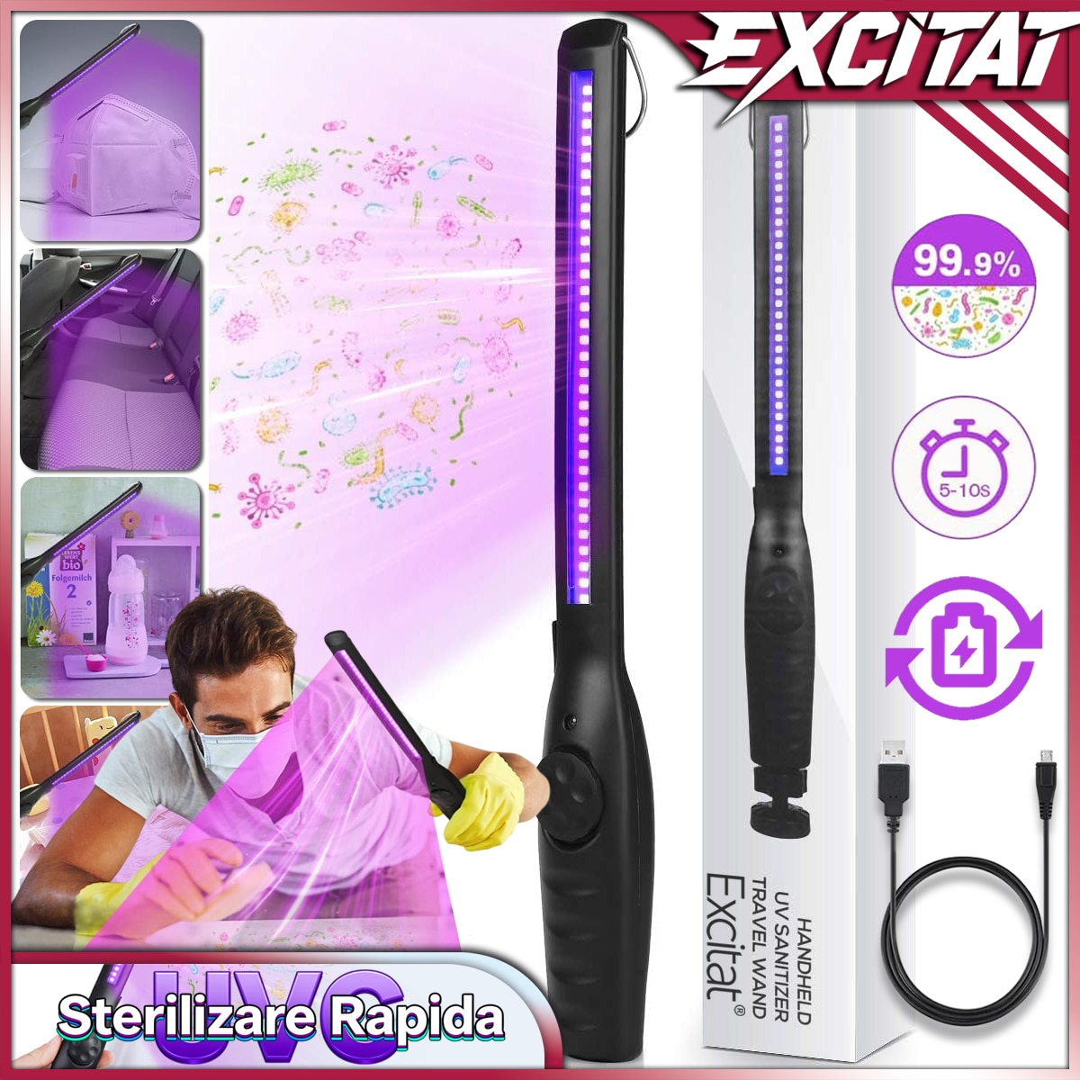 Lampa UVC Bactericida Portabila Wireless, Excitat®, Inrcarcabila ...
