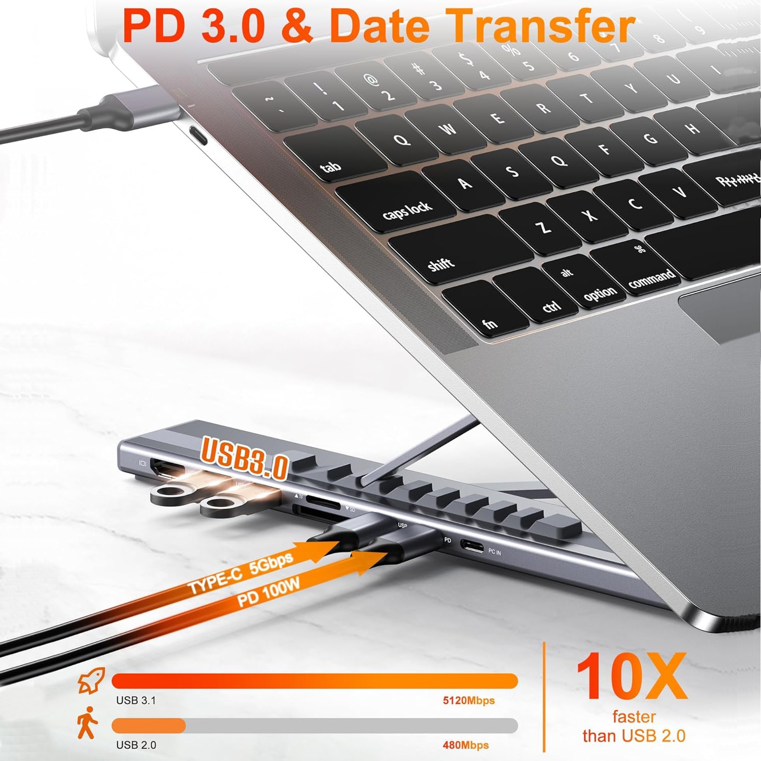 Suport laptop hub USB C 8 in 1, MOSMAOO®, Reglabil pe Inaltime 9 poziti ...
