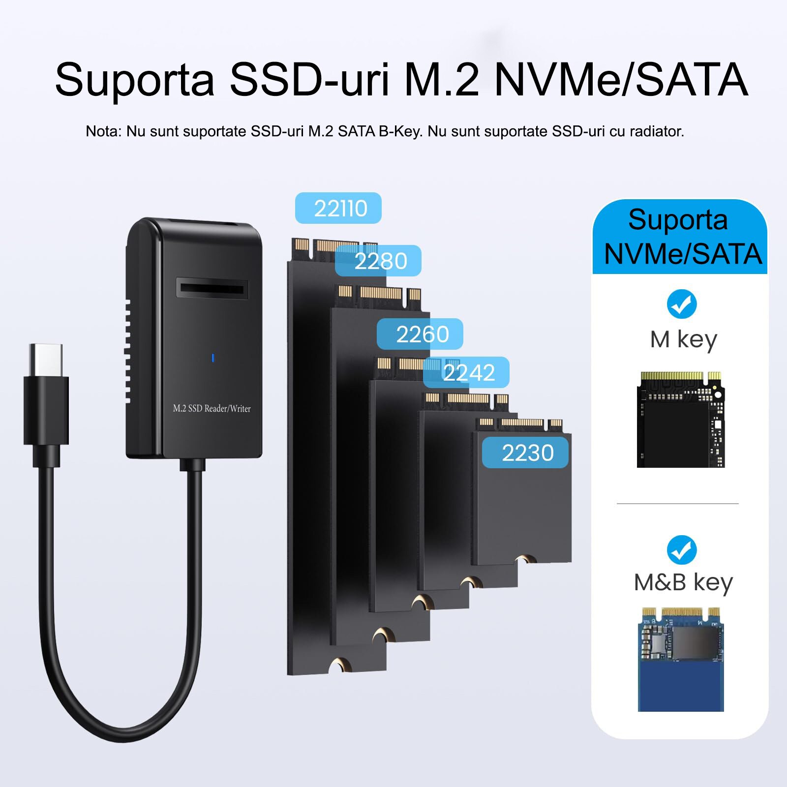 Adaptor profesional M.2 NVMe SATA, USB C, Plug and Play, citire rapida ...