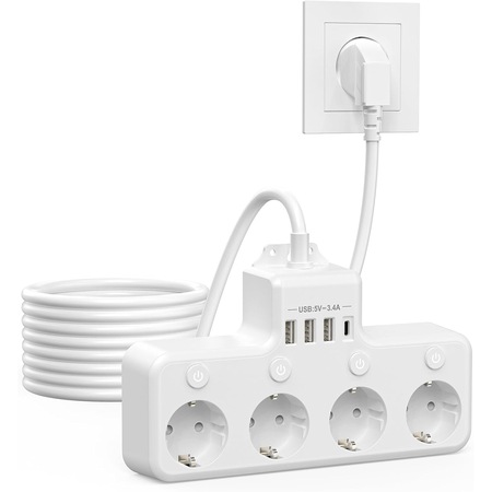 Prelungitor, 4000W, 2m, cu Intrerupator Individual, 4 Prize, 1 USB-C, 3 ...