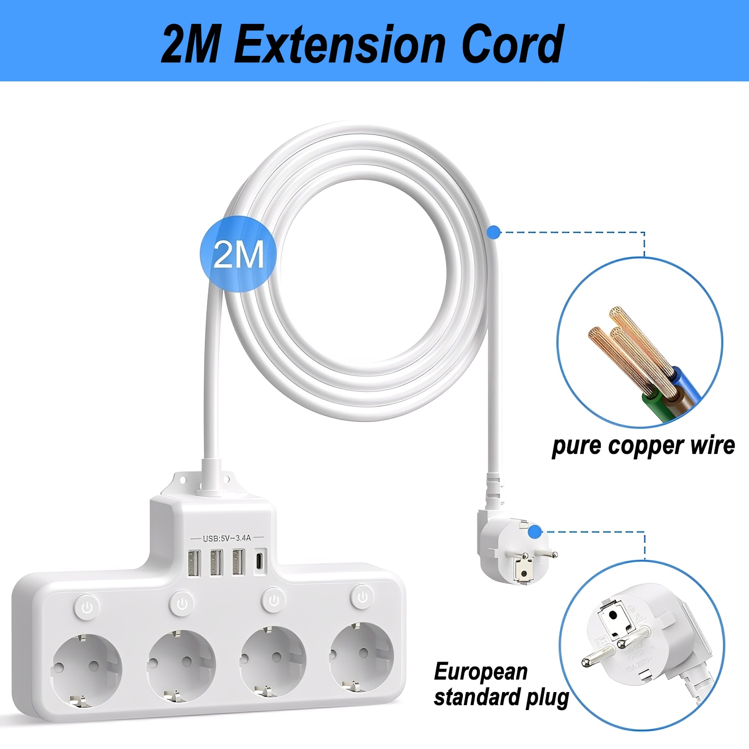 Prelungitor, 4000W, 2m, cu Intrerupator Individual, 4 Prize, 1 USB-C, 3 ...