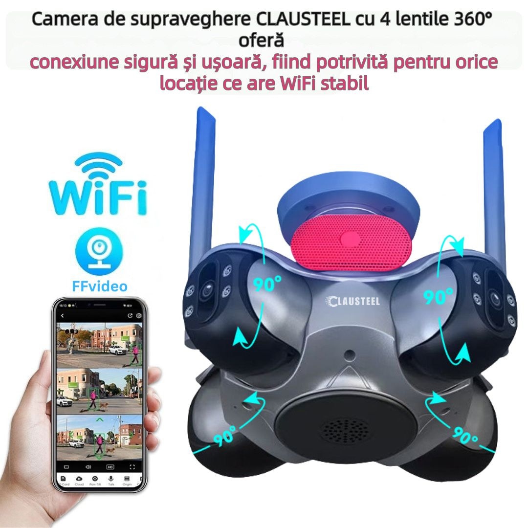 Camera supraveghere CLAUSTEEL 4in1 WiFi 360°, 4 lentile PTZ, 12MP ...