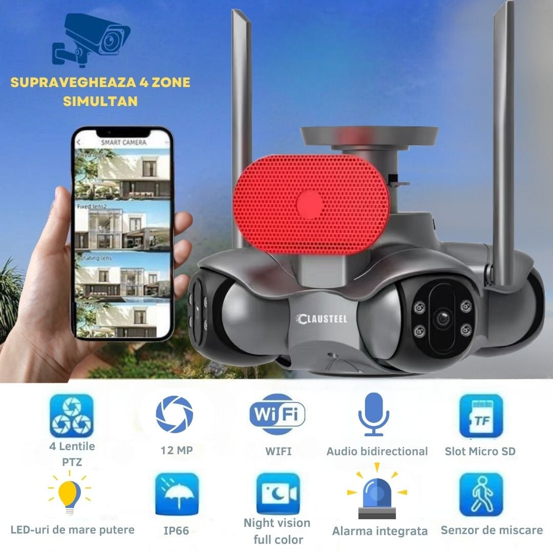 Camera supraveghere CLAUSTEEL 4in1 WiFi 360°, 4 lentile PTZ, 12MP ...
