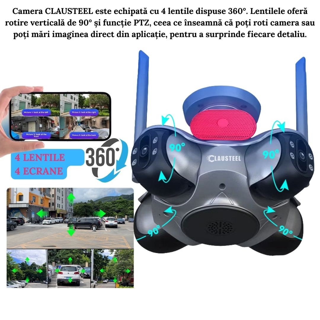 Camera supraveghere CLAUSTEEL 4in1 WiFi 360°, 4 lentile PTZ, 12MP ...