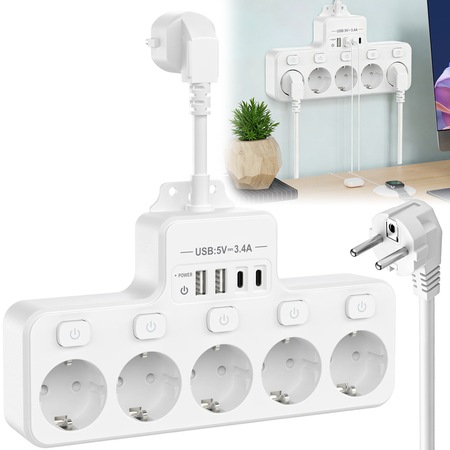 Prelungitor, 4000W, YeeLei®, cu Intrerupator Individual, 5 Prize, 2 USB ...
