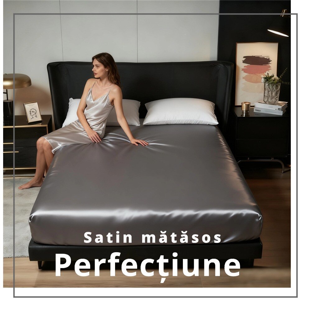 Cearsaf de pat cu elastic satin– Extrem de moale, neted ca matasea, gri ...