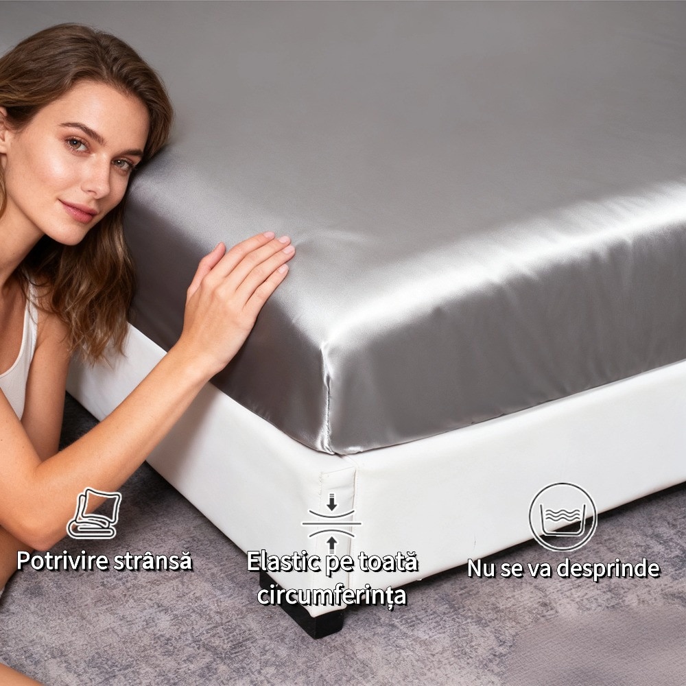 Cearsaf de pat cu elastic satin– Extrem de moale, neted ca matasea, gri ...