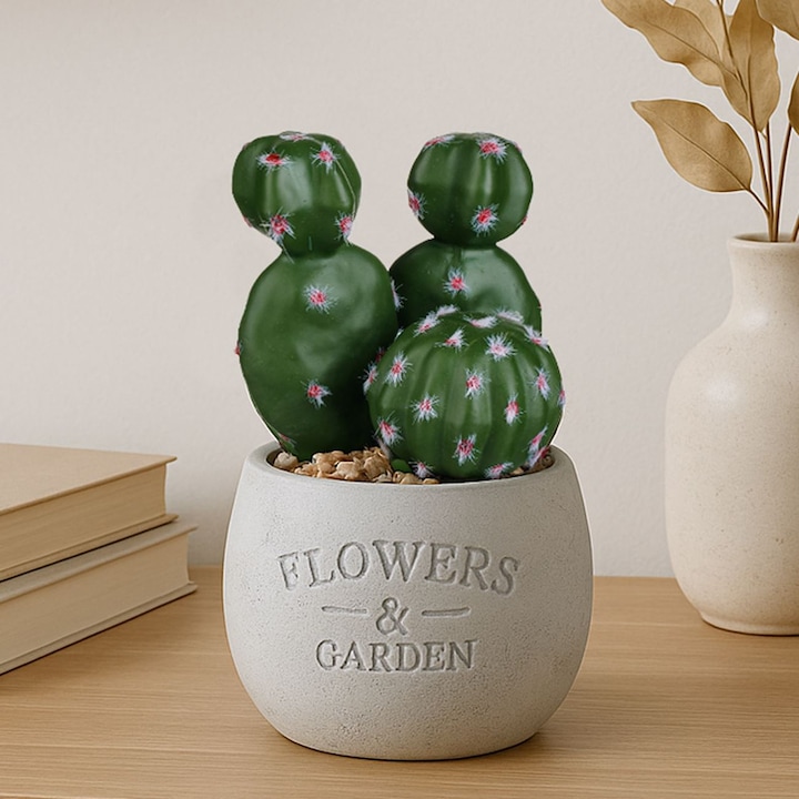 Ghiveci din ciment cu planta artificiala cactus cu flori albe 16.5cm ...