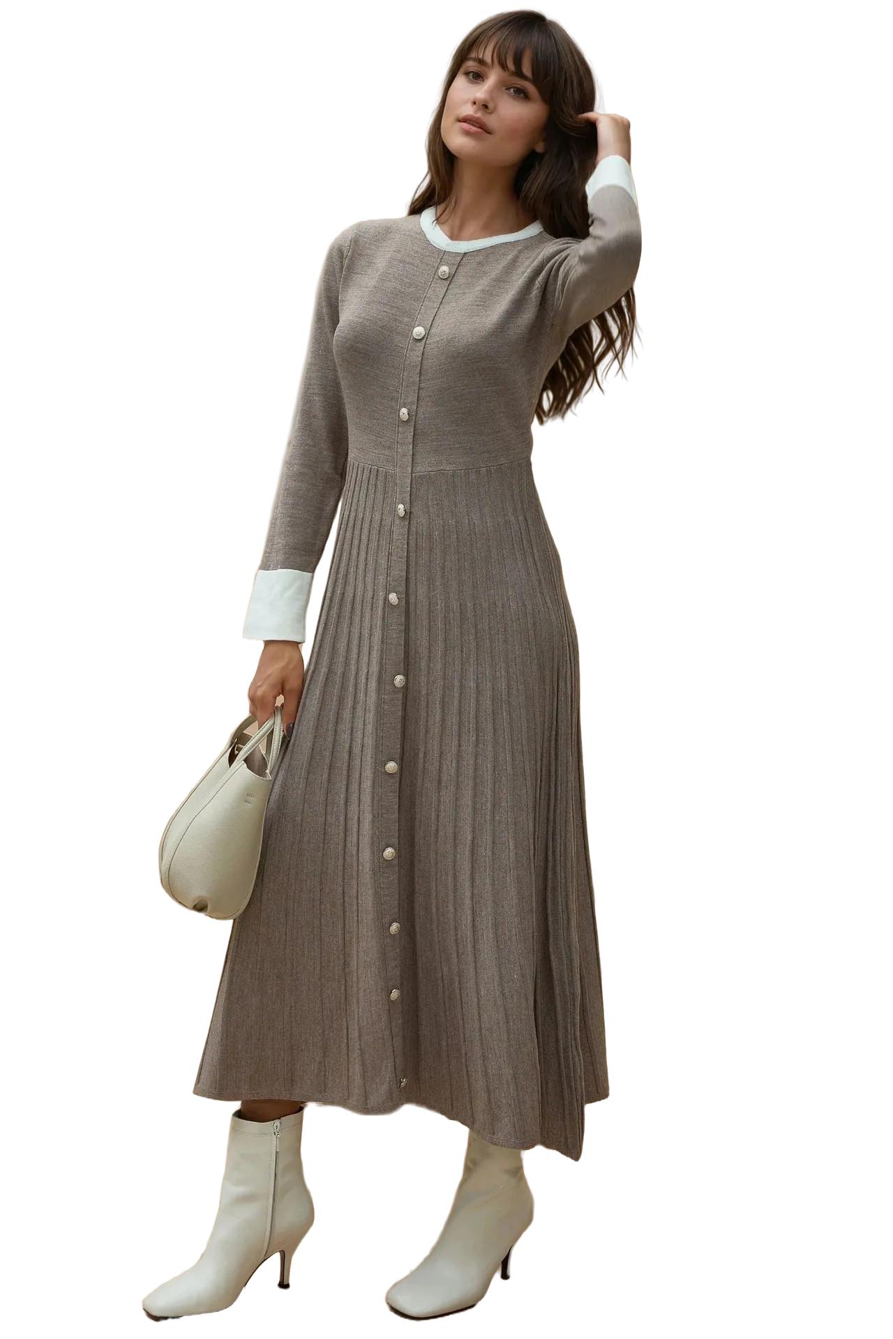 Rochie maxi tricotata, HiCCUP, texturata, maro melange, material tricot ...