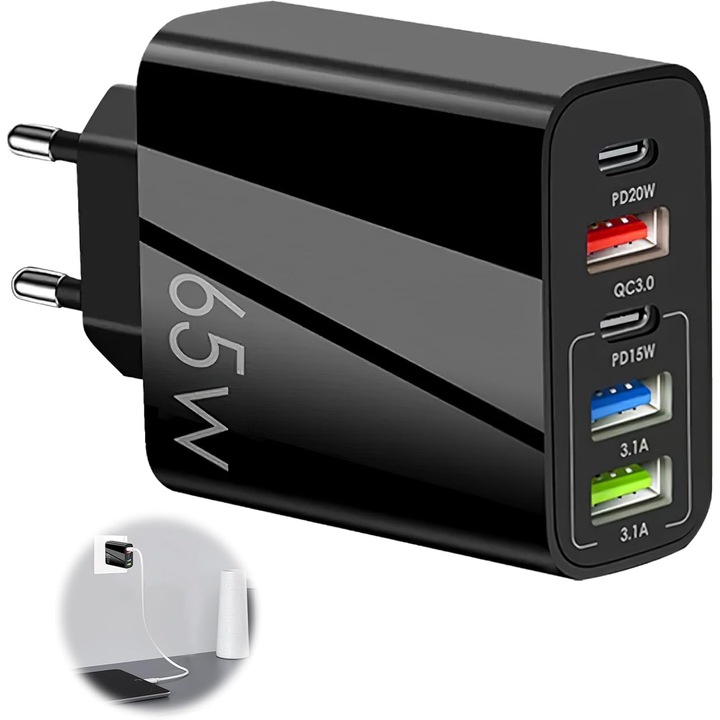 Incarcator Retea, 5 Porturi, 65W Fast Charge, 3 x USB, 2 x Type-C ...