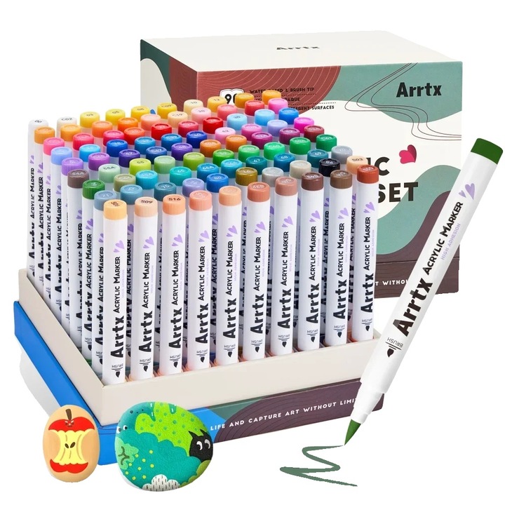 Set markere acrilice, 90 culori, cerneala pe baza de apa, varf pensula ...