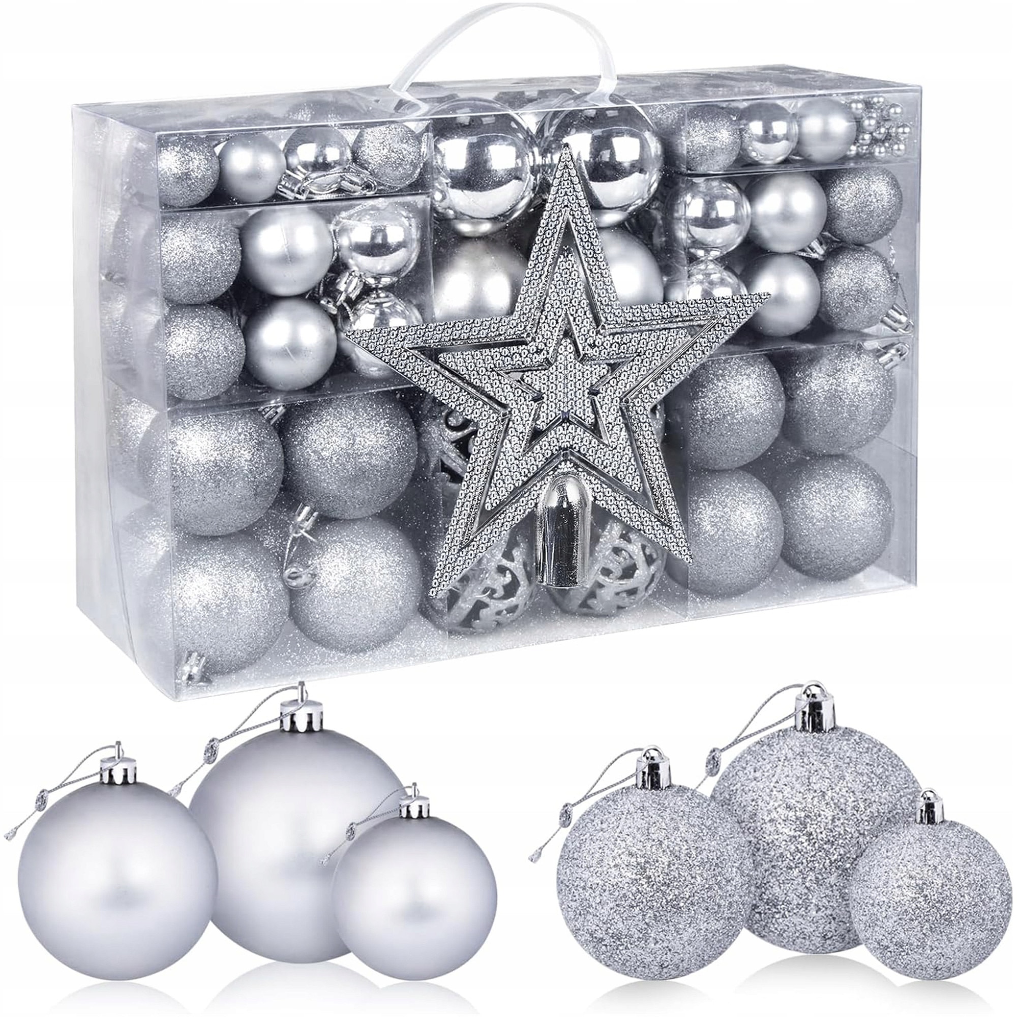 Set globuri de Craciun XXL, 100 buc, 3x4x6 cm, argintii, cu stea - eMAG.ro