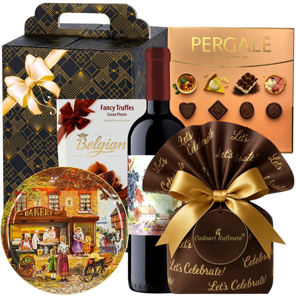 Pachet Cadou Gold Deluxe - Vin Rosu Cabernet, Panettone, Praline Fine ...