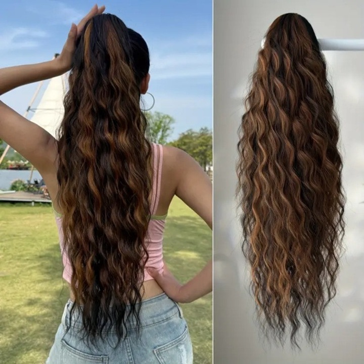 Extensie de par tip coada, Maro cu suvite Ciocolatii, 80 cm, prindere ...