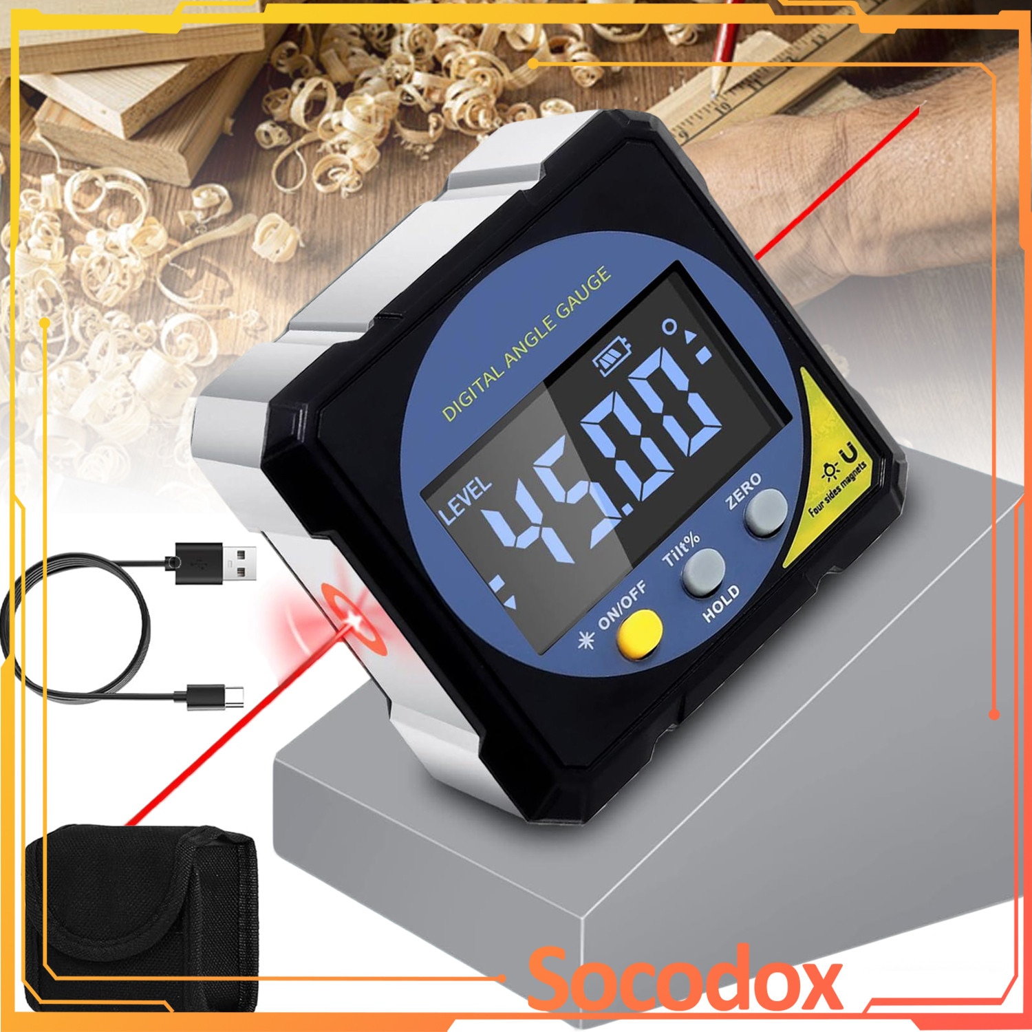 Nivela digitala inclinometru Cu laser, Socodox, 4*90°, Baza Magnetica ...