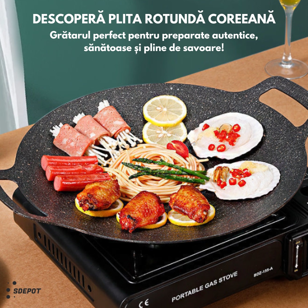 Plita rotunda coreeana SDEPOT®, pentru gratar, diametru 38 cm, negru ...