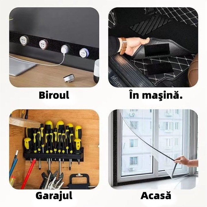 Banda Velcro autoadeziva 2 cm × 5 m, neagra, cu spate adeziv alb ...