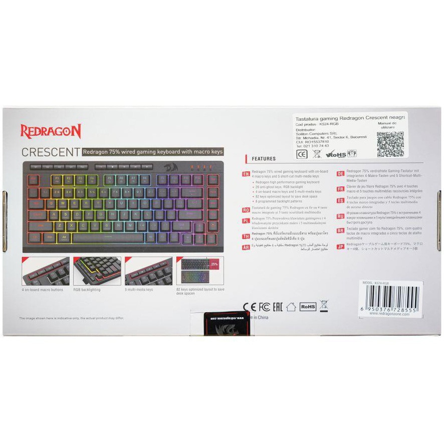 Tastatura gaming cu fir Redragon Crescent, iluminare RGB, Negru - eMAG.ro
