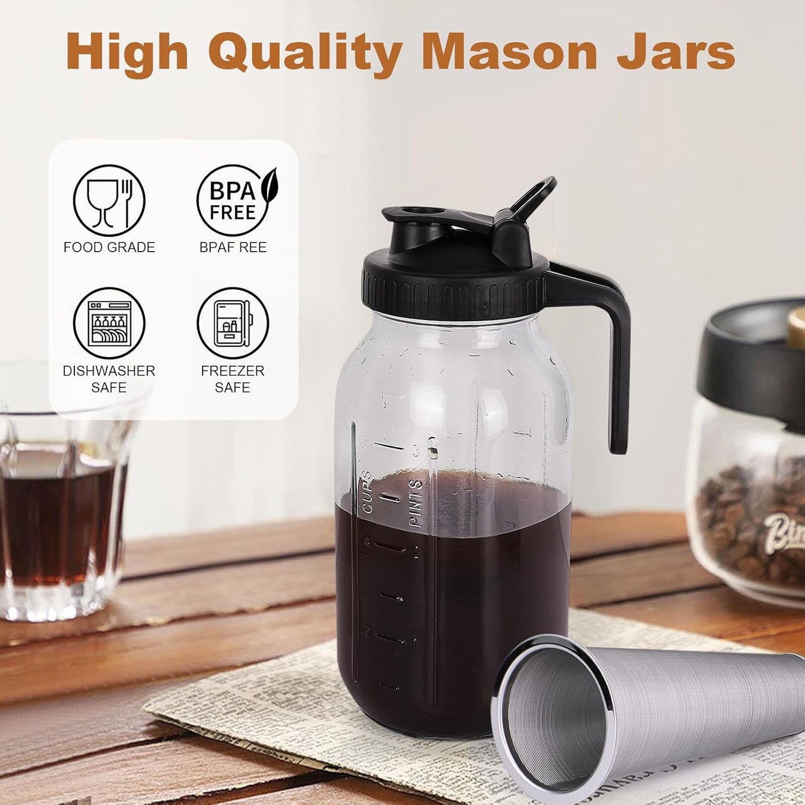 Set 2 capac borcan Mason cu maner, Axroad Mall, Carafa din sticla cu ...