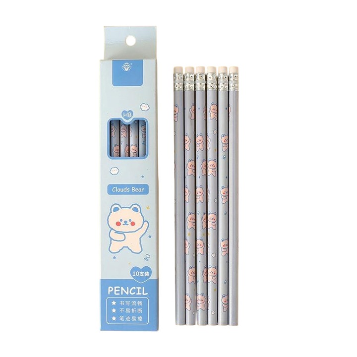 Set de creioane HB cu desene animate, 10 bucati, animale dragute, 17cm ...