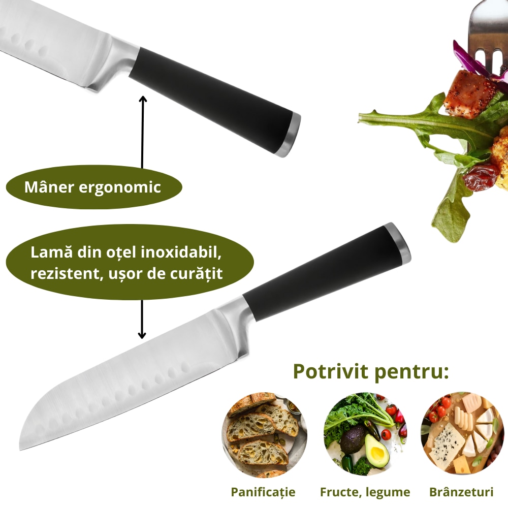 Japán Santoku konyhakés, Salestore.ro®, rozsdamentes acél, soft-touch ...